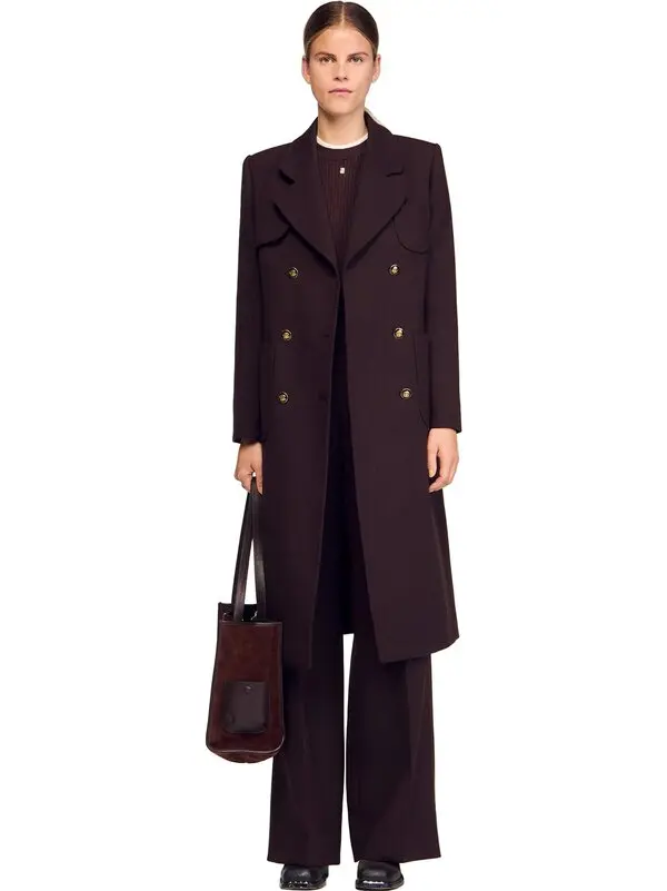 Sandro Structured Long Double-breasted Coat - Brown