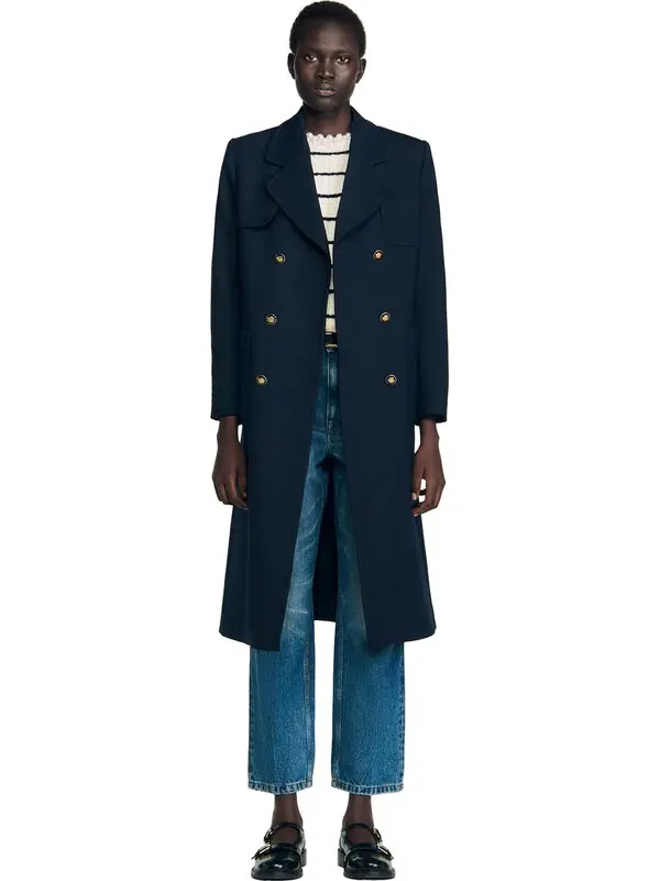 Sandro Structured Long Double-breasted Coat - Navy Blue