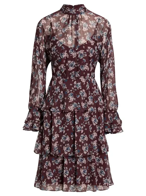 MIKAEL AGHAL Tiered Floral-print Georgette Dress - Merlot