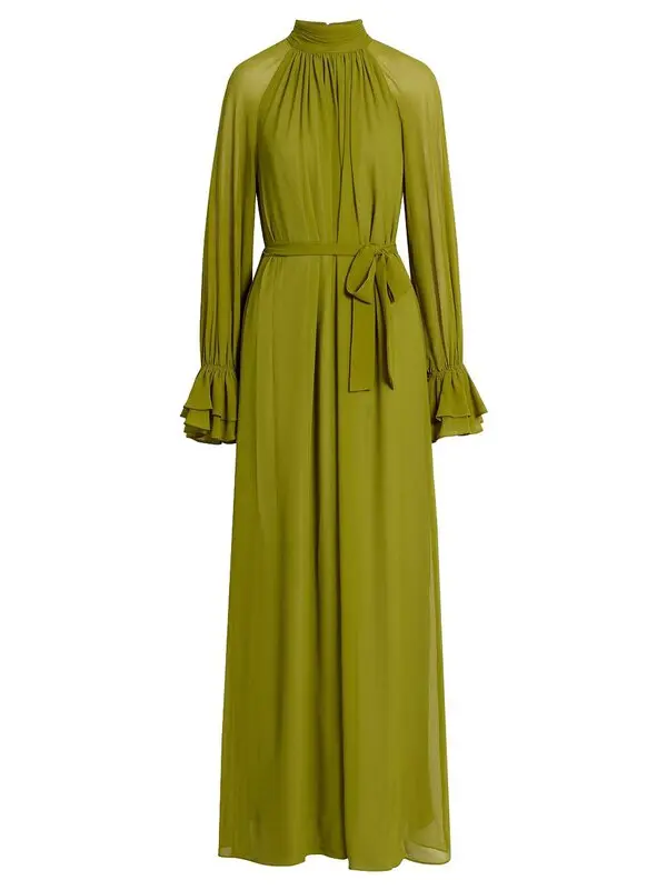 MIKAEL AGHAL Gathered Chiffon Maxi Dress - Lime Green
