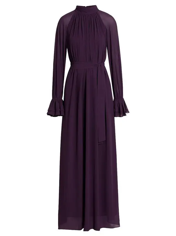 MIKAEL AGHAL Gathered Chiffon Maxi Gown With Waist Tie - Violet