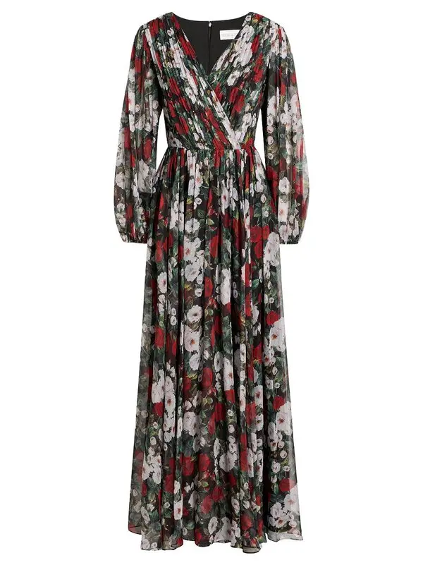 MIKAEL AGHAL Pleated Floral-print Organza Maxi Dress - Red