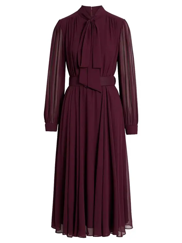 MIKAEL AGHAL Pussybow Belted Crepe De Chine Midi Dress - Burgundy