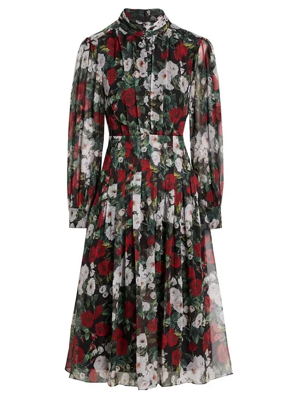 MIKAEL AGHAL Floral-print Pleated Chiffon Midi Dress - Black