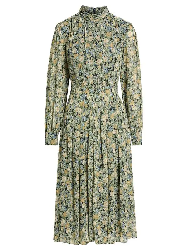 MIKAEL AGHAL Pleated Floral-print Crepe Midi Dress - Leaf Green