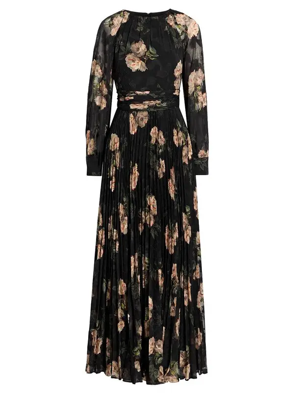 MIKAEL AGHAL Pleated Floral-print Fil Coupé Chiffon Maxi Dress - Black