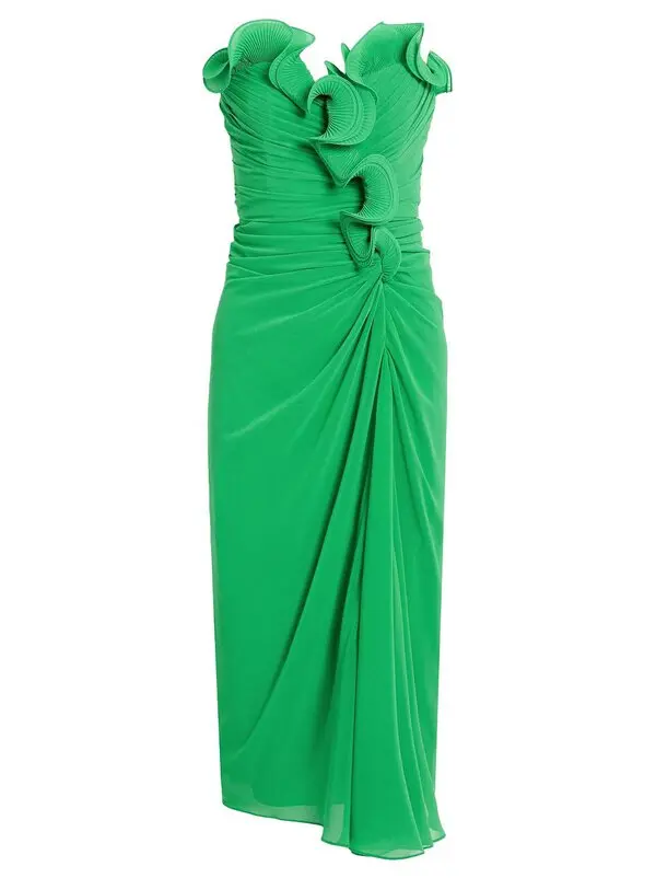Badgley Mischka Strapless Ruffled Plissé-georgette Midi Dress - Green