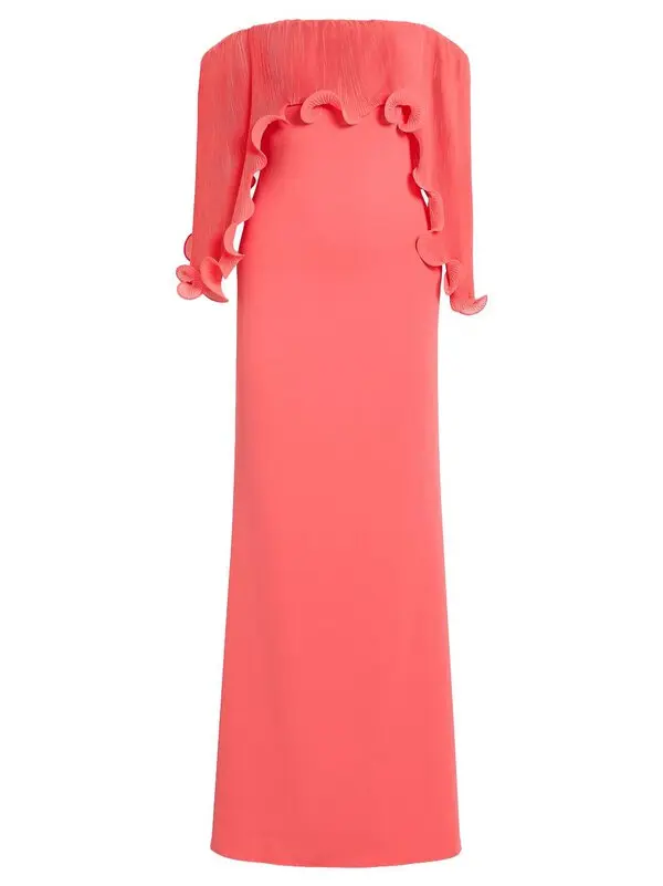 Badgley Mischka Off-the-shoulder Ruffled Plissé-georgette And Crepe Gown - Coral