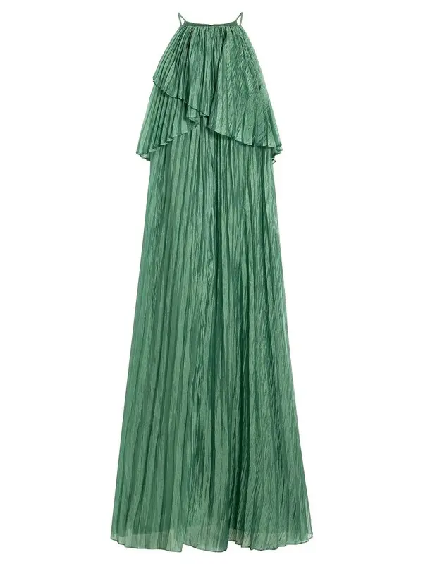 Badgley Mischka Pleated Crinkled Habotai Gown - Green
