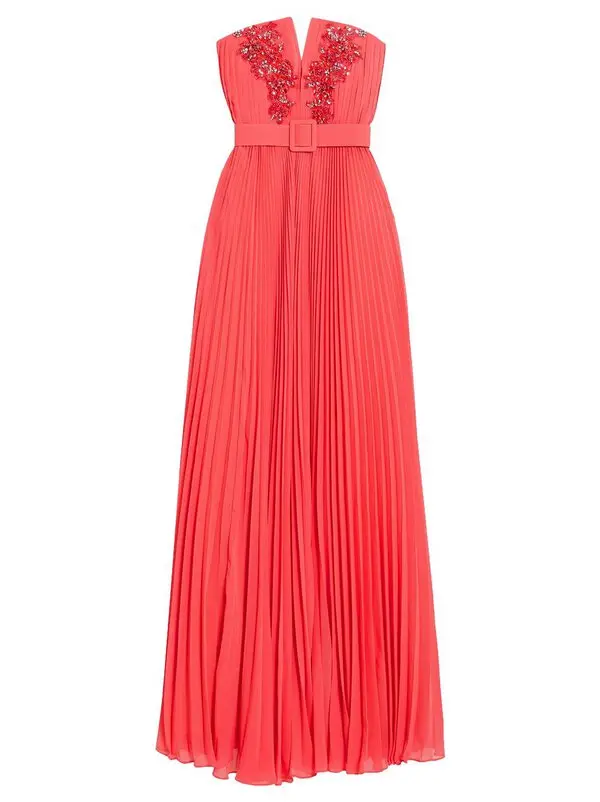 Badgley Mischka Strapless Embellished Pleated Chiffon Gown - Coral