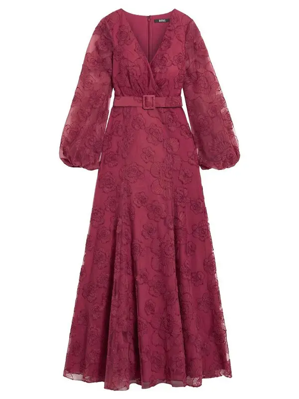 Badgley Mischka Belted Embroidered Tulle Gown - Burgundy