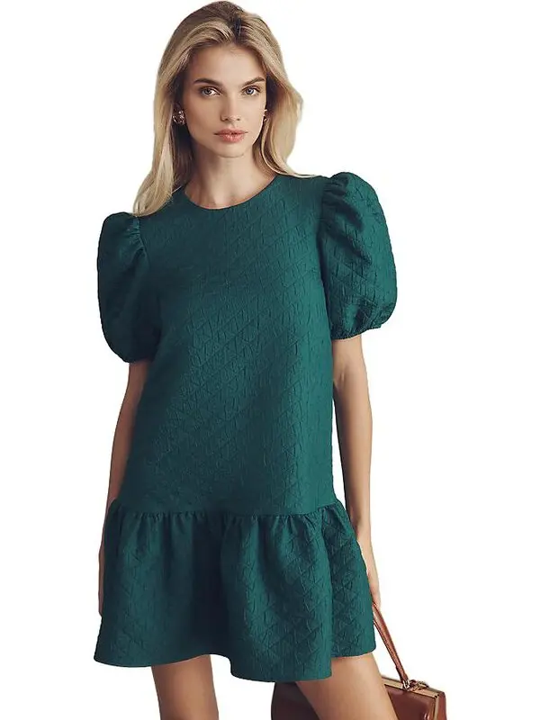 Maeve Puff-sleeve Drop-waist Mini Dress - Green