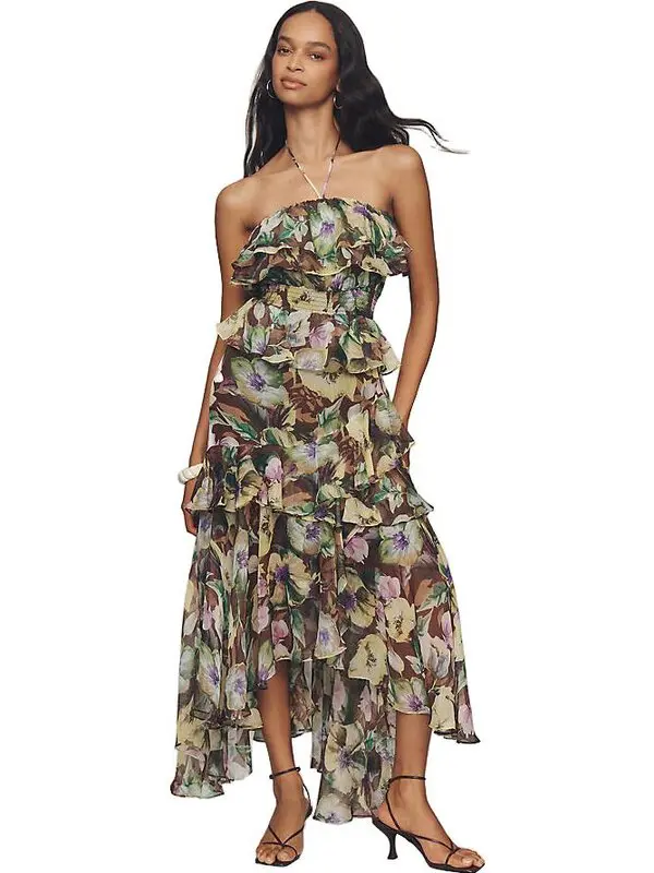 Astr The Label Elena Halter Ruffle Midi Dress - Brown & Yellow Floral