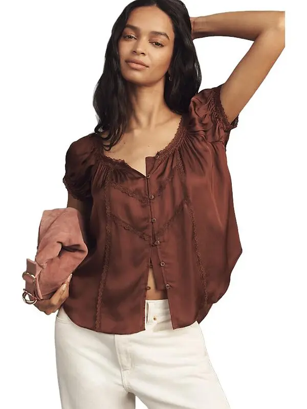 Anthropologie Amber Short-sleeve Silky Top - Wine