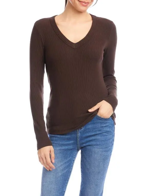 Karen Kane Rib V-neck Top - Brown