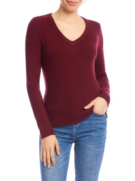 Karen Kane Rib V-neck Top - Wine