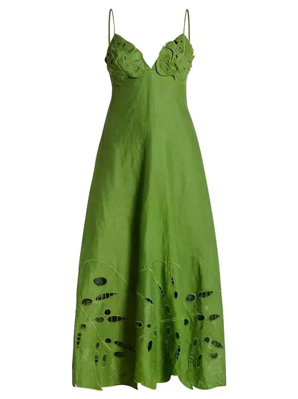 Farm Rio Leaf-applique Linen Midi Dress - Green