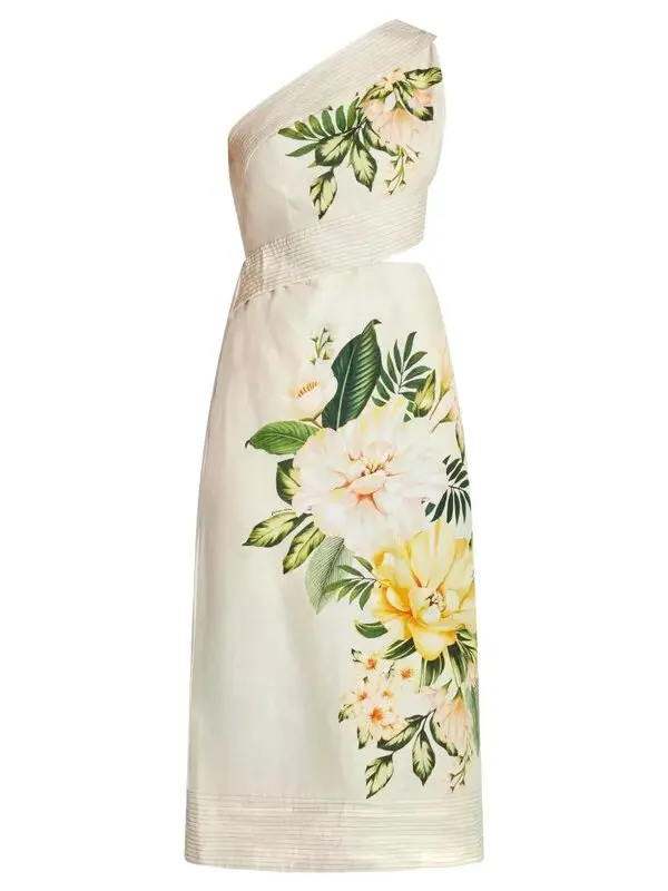 Farm Rio Floral-print One-shoulder Midi Dress - Neutrals