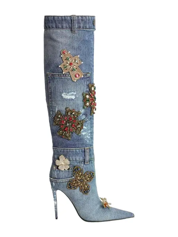 Dolce & Gabbana 105mm Embroidered Patchwork Denim Boots - Blue