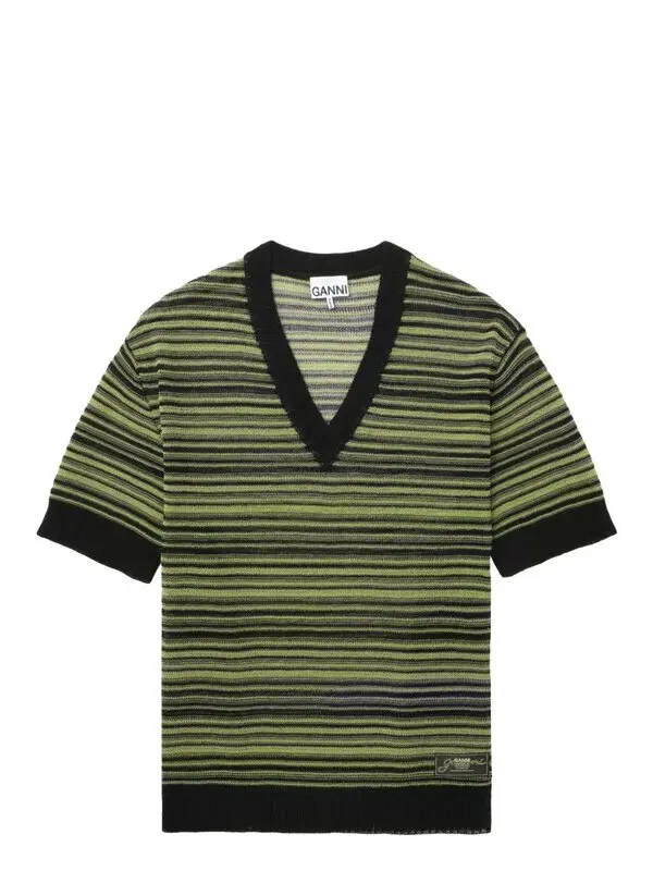 GANNI Striped V-neck T-shirt - Black