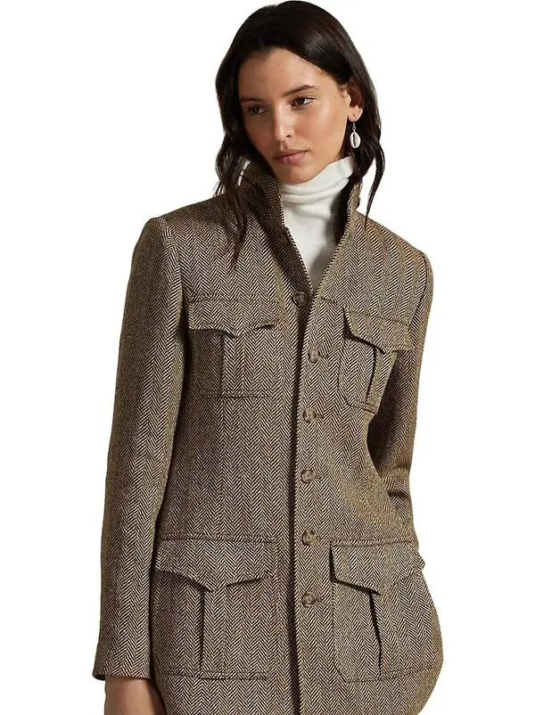 Ralph Lauren Linen-blend Herringbone Mockneck Jacket - Brown/cream Herringbone