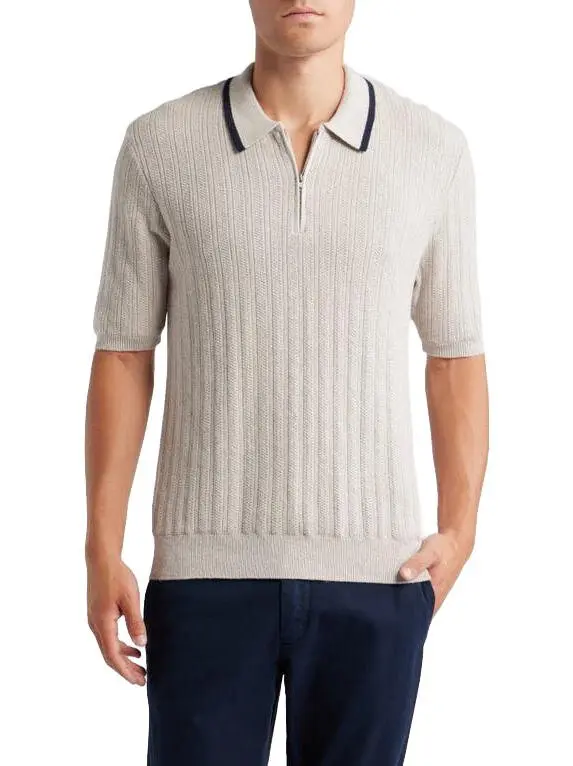WAX LONDON Bury Cotton & Cashmere Zip Polo Sweater - Natural Melange