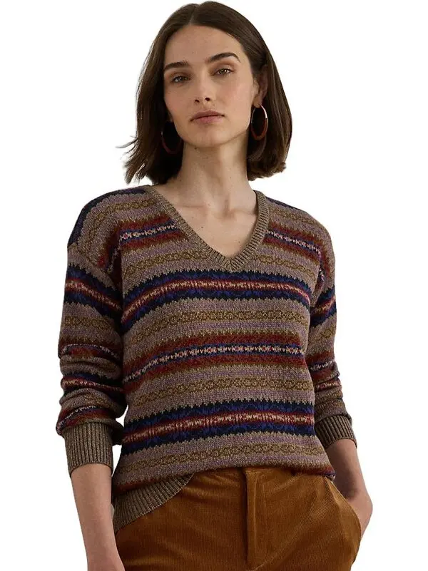 Ralph Lauren Fair Isle Cotton-linen V-neck Sweater - Taupe Heather Multi