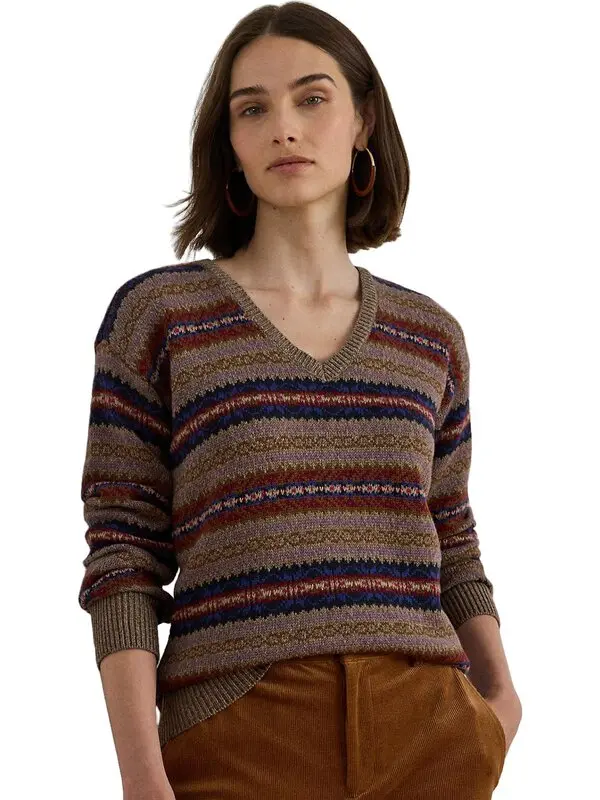 Ralph Lauren Fair Isle Cotton-linen V-neck Sweater - Taupe Heather Multi