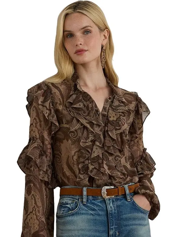 Ralph Lauren Paisley Ruffle-trim Chiffon Blouse - Taupe Multi