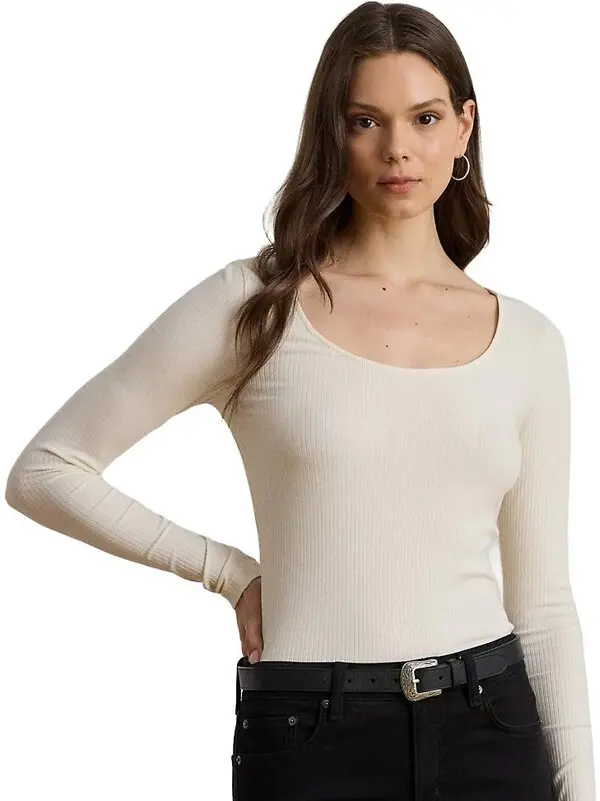 Ralph Lauren Rib-knit Long-sleeve Scoopneck Tee - Mascarpone Cream