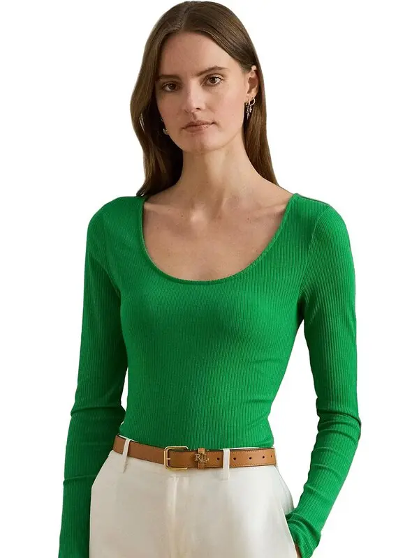 Ralph Lauren Rib-knit Long-sleeve Scoopneck Tee - Stem