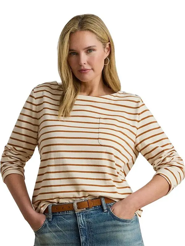 Ralph Lauren Striped Jersey Boatneck Top - Mascarpone Cream/cinnamon