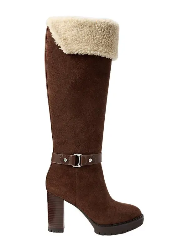 Ralph Lauren Suede & Shearling Tall Heel Boot - Dark Hickory/natural