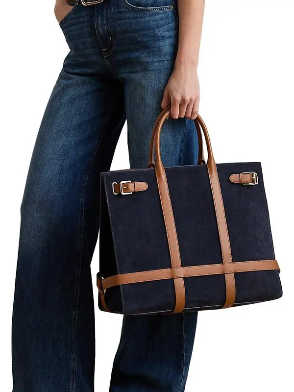Ralph Lauren Suede & Leather Large Devyn Tote Bag - Lauren Navy/lauren Tan
