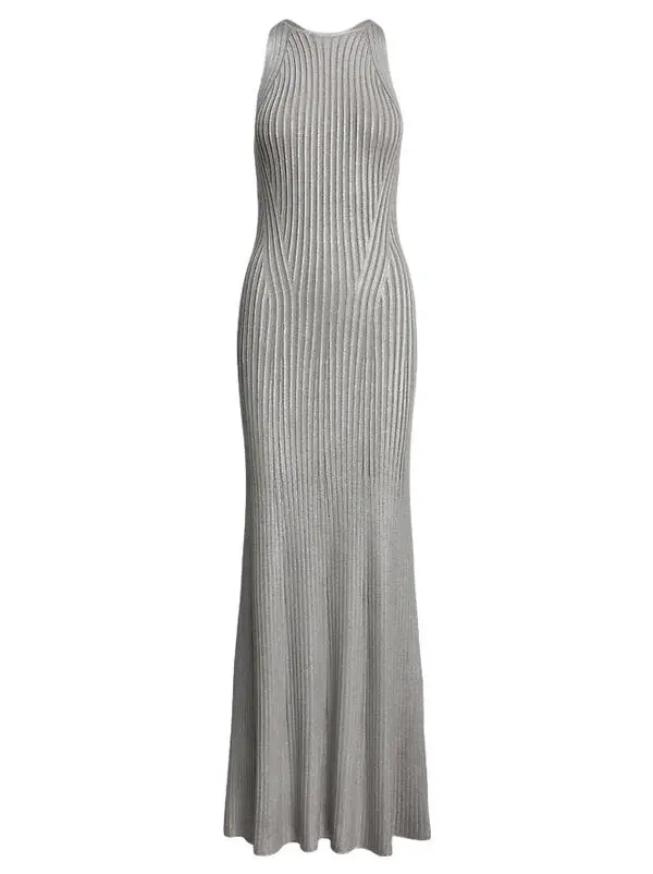 Ralph Lauren Foiled Rib-knit Sleeveless Evening Dress - Pearl Grey Melange/pallad