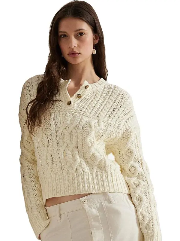 Ralph Lauren Aran-knit Cotton Henley Sweater - Parchment Cream