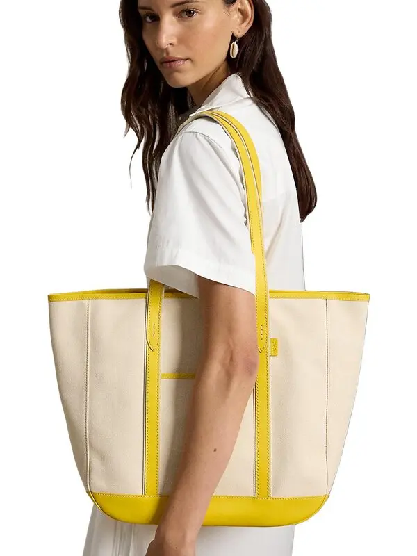 Ralph Lauren Leather-trim Canvas Medium Shopper Tote - Ecru/racing Yellow