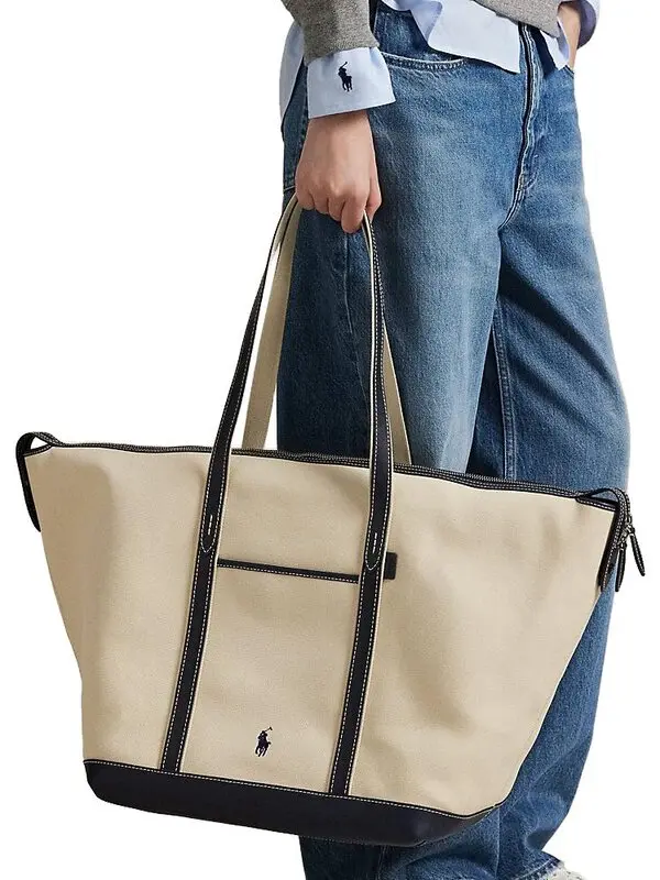 Ralph Lauren Leather-trim Canvas Large Shopper Tote - Ecru/navy
