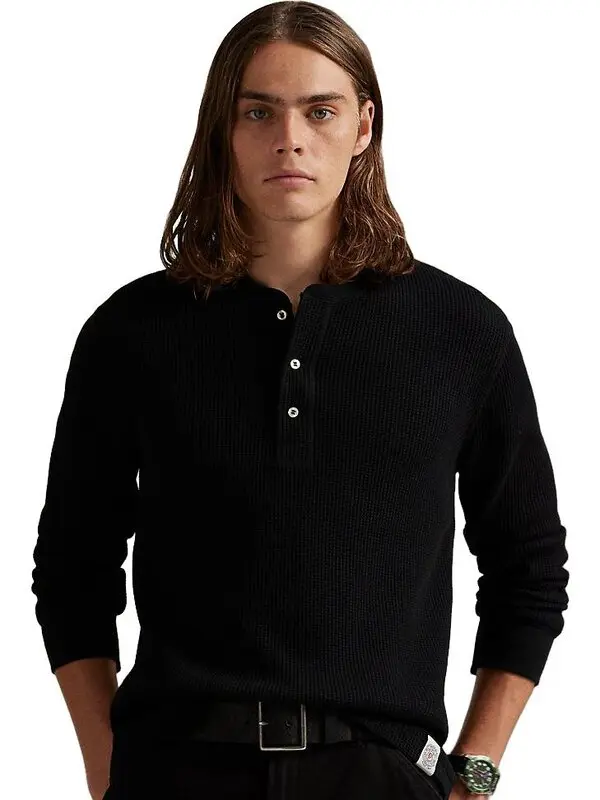 Ralph Lauren Waffle-knit Cotton Henley Shirt - Polo Black