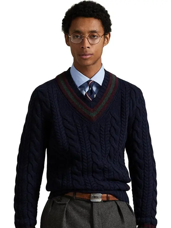 Ralph Lauren Wool-cashmere Cable-knit Cricket Sweater - Navy Combo