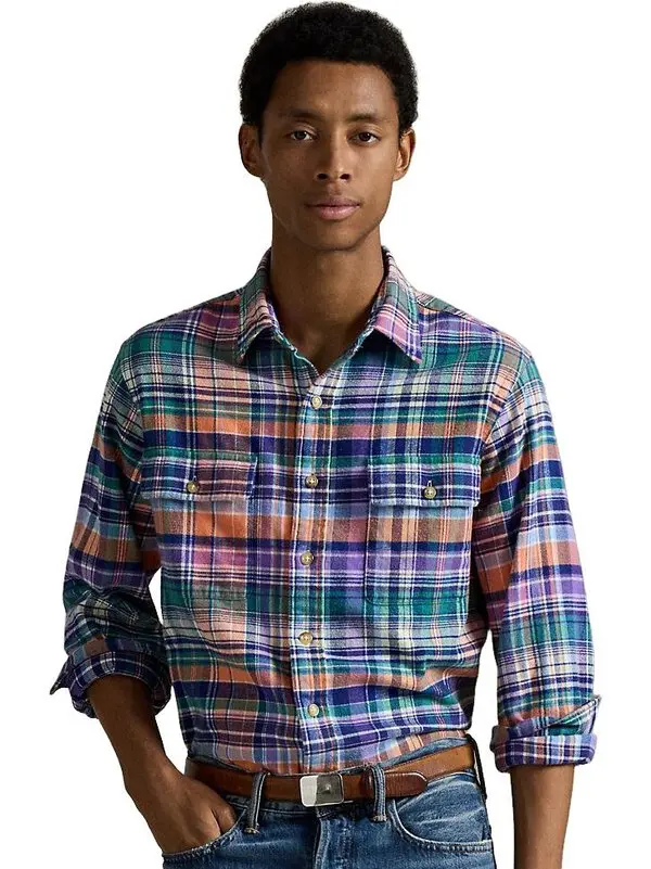 Ralph Lauren Classic Fit Plaid Brushed Twill Shirt - Navy Orange Multi