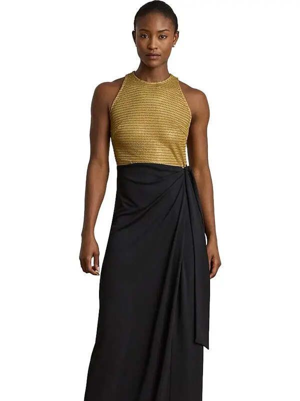 Ralph Lauren Beaded Mesh & Jersey Tie-front Gown - Birch Tan/black
