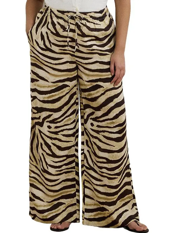 Ralph Lauren Zebra-print Linen Wide-leg Pants - Cream/brown