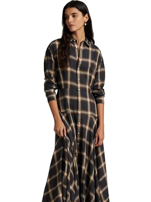 Ralph Lauren Plaid Twill Paneled Shirtdress - Navy Brown Multi Plaid