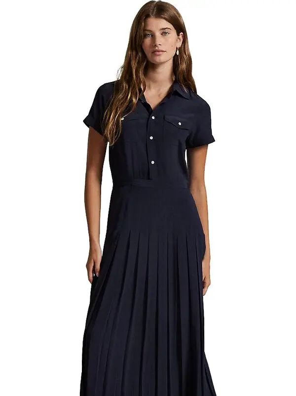 Ralph Lauren Silk Crepe Pleated Shirtdress - Ink