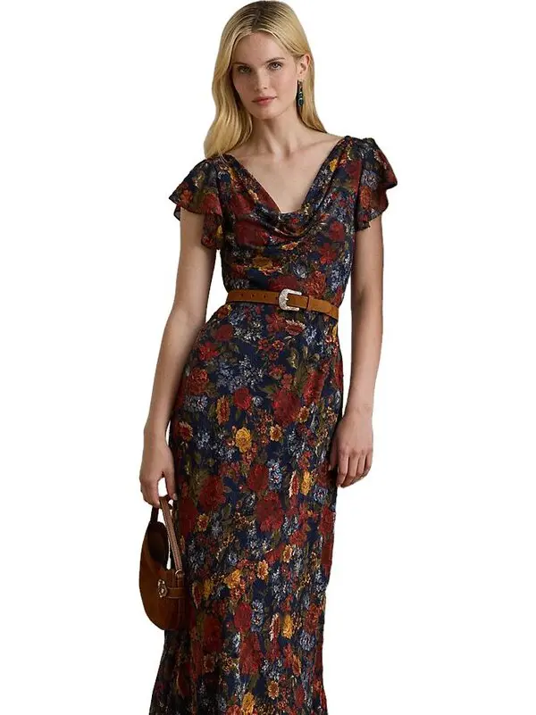 Ralph Lauren Floral Clipped Jacquard Cowlneck Gown - Navy Multi