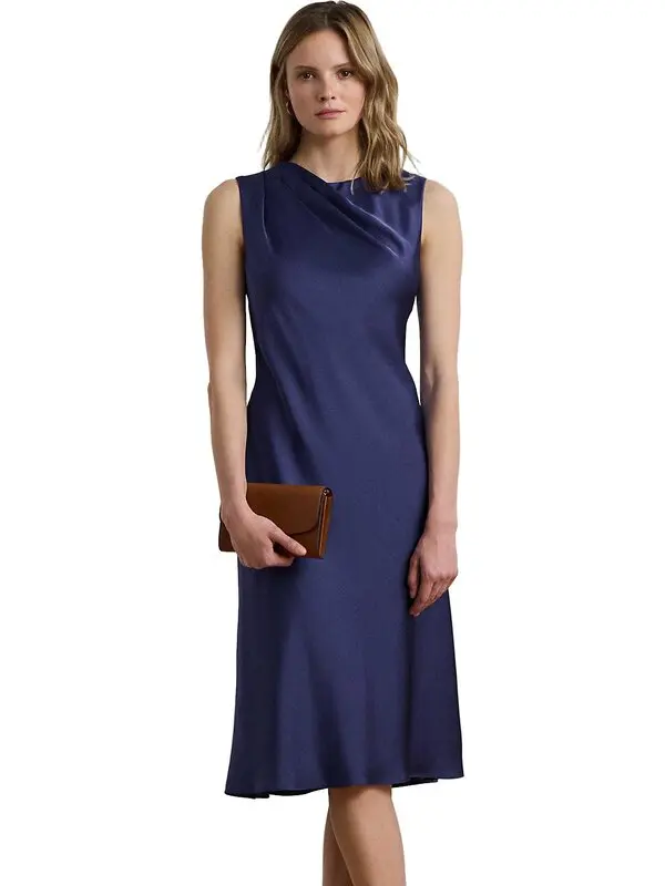 Ralph Lauren Pleated Satin Charmeuse Cocktail Dress - Charter Blue