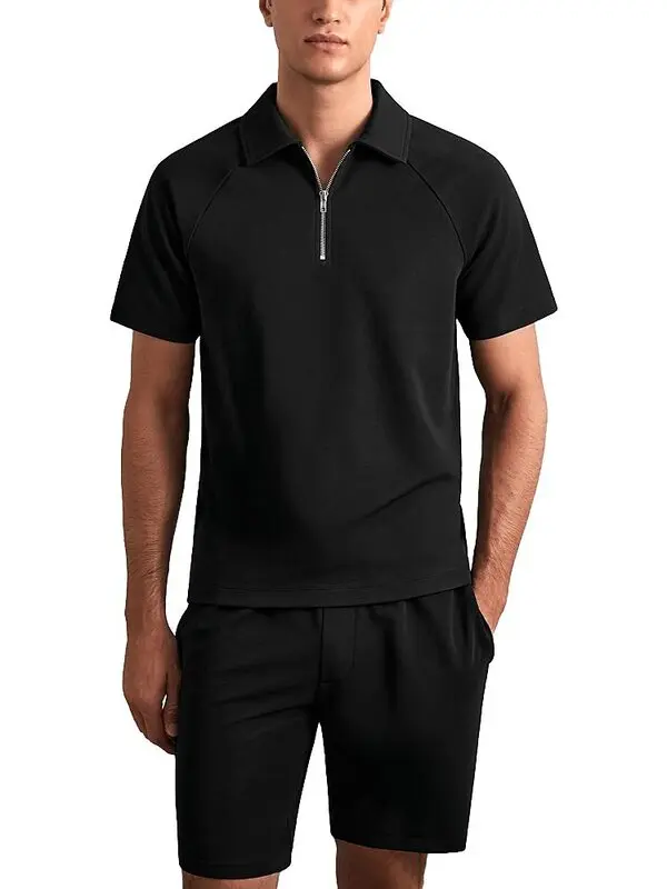 REISS Winston Textured Raglan Half Zip Polo Shirt - Black
