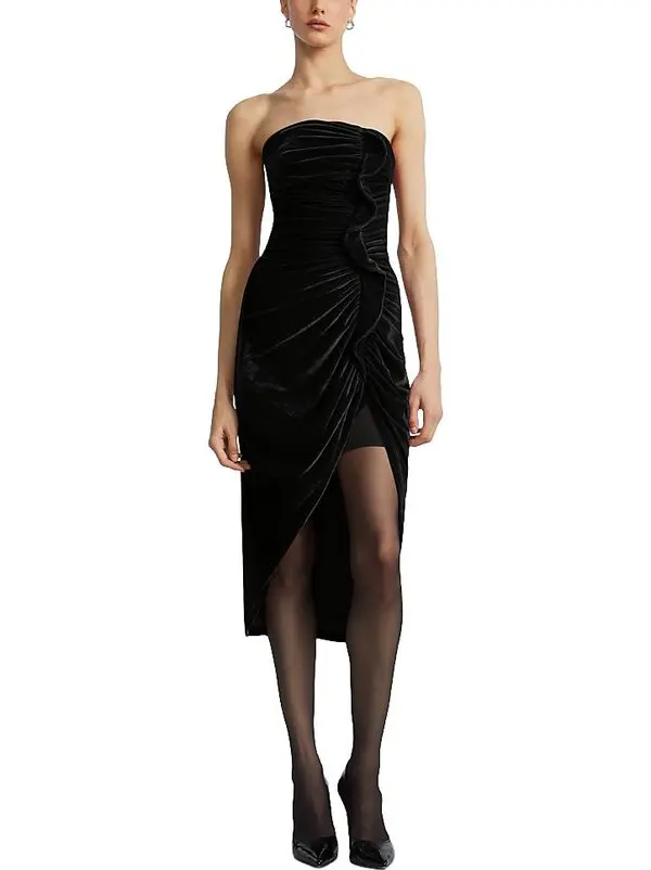 Bcbgmaxazria Strapless Velvet Ruffle Dress - Black