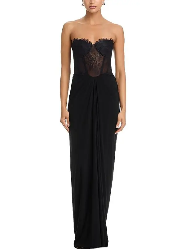 Bcbgmaxazria Lace Jersey Floor Sweeping Gown - Black